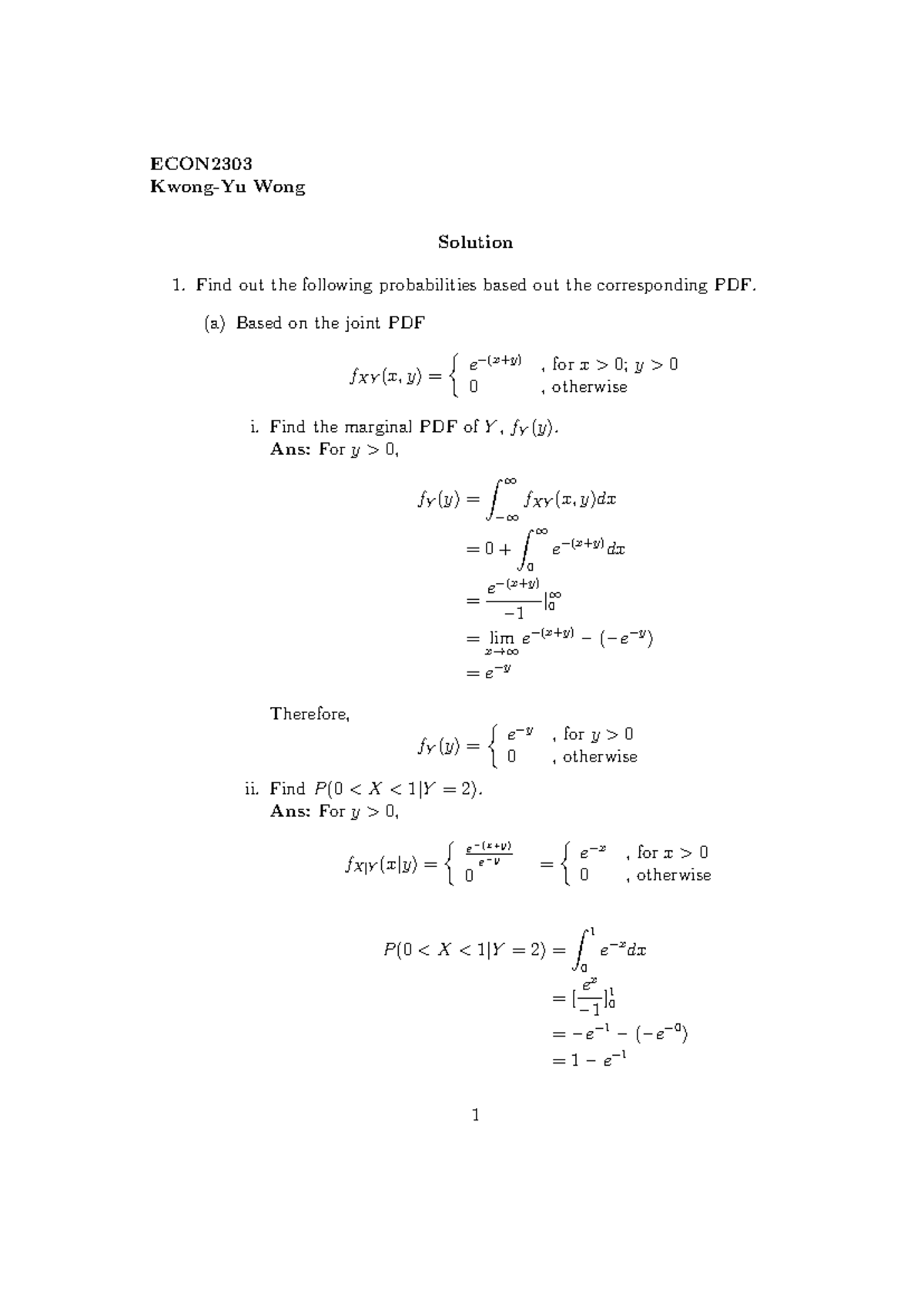ECON2303 PS04 Solution: Joint and Marginal PDF Analysis - Studocu