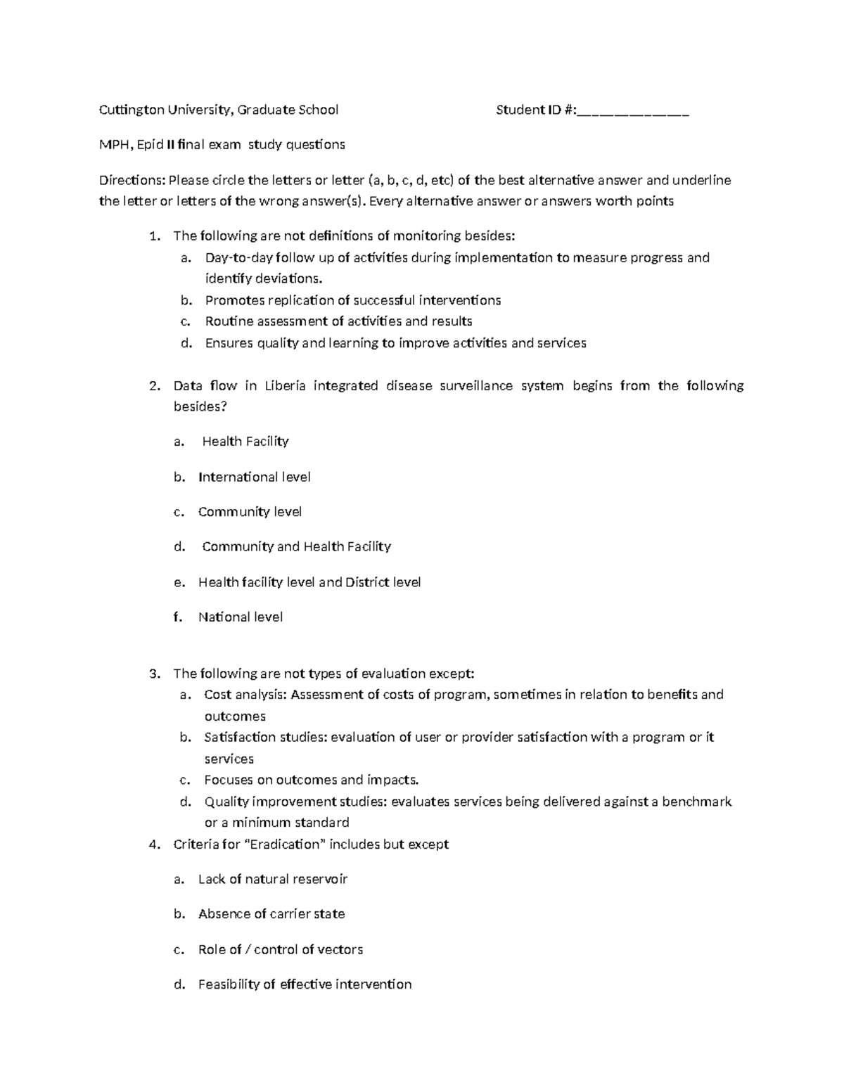 CU MPH Epid II Final Exam Study Questions 2024 - Studocu