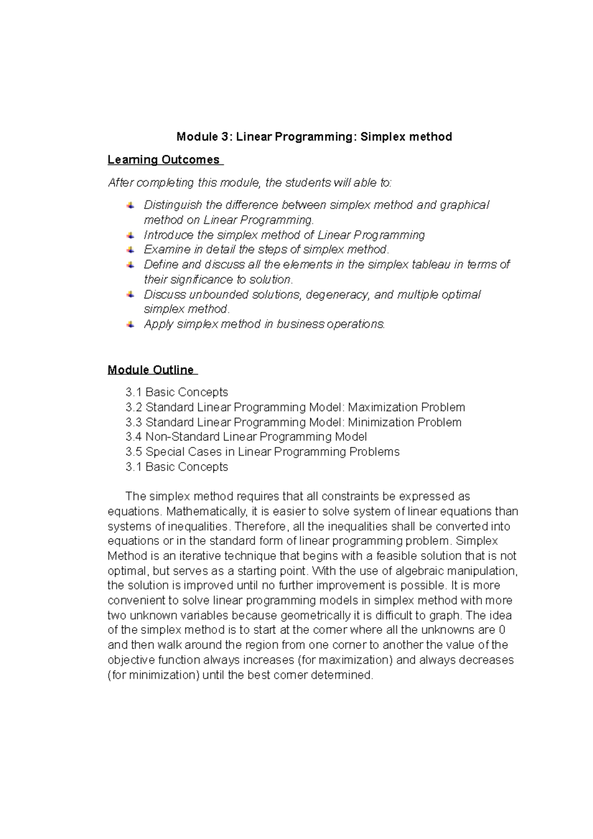 Acctg - Module 3: Linear Programming: Simplex method Learning Outcomes After completing this ...