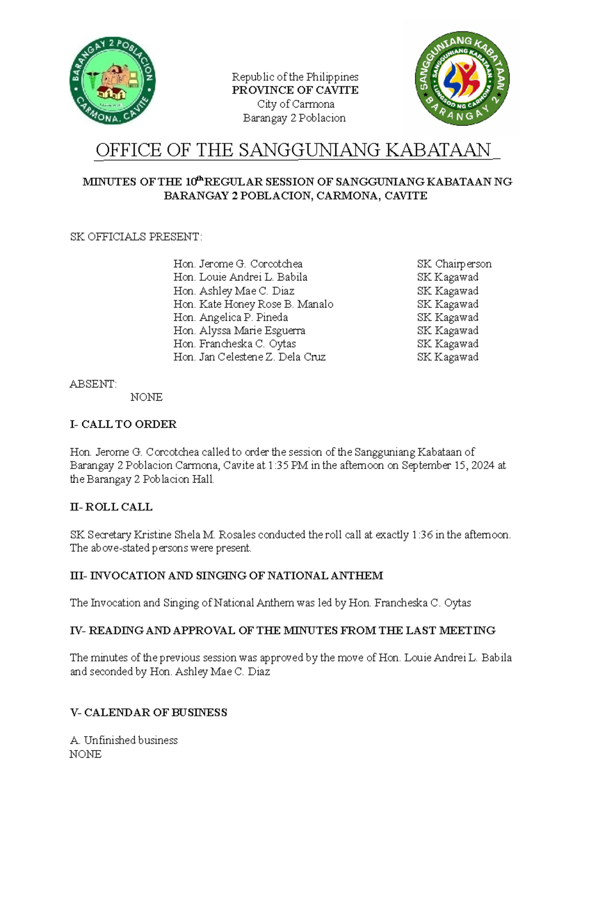 Minutes of 10th Regular Session - Sangguniang Kabataan - October - Studocu