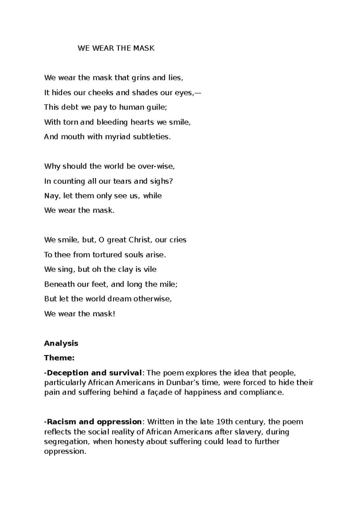 WE WEAR THE MASK (POEM ANALYSIS) - Themes & Structure - Studocu