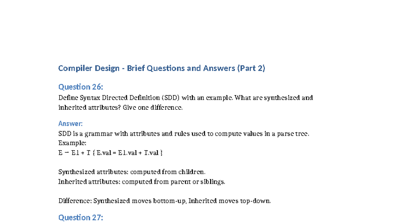 Compiler Design (CS101) Part 2: Q&A on SDD, Postfix Notation, and Trees - Studocu