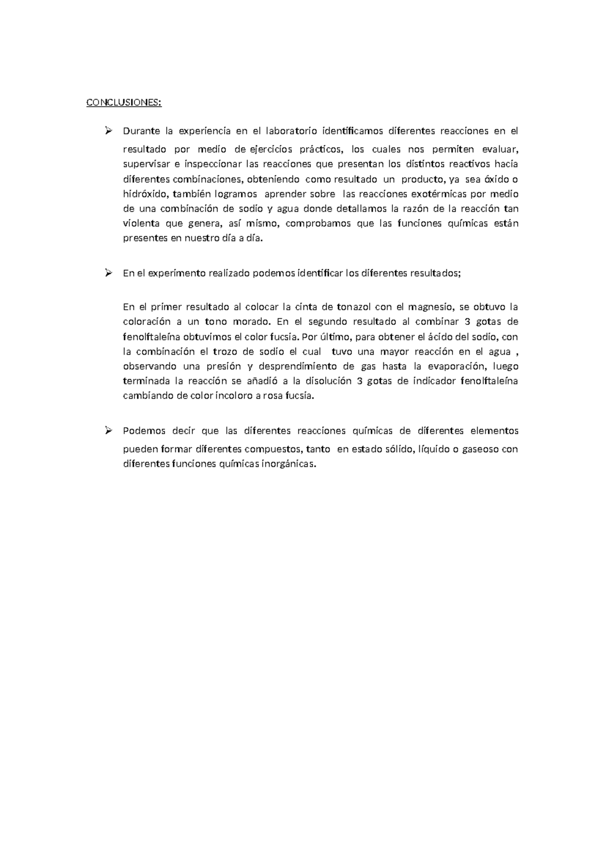 Conclusiones de Experimentos de Reacciones Químicas en Laboratorio - Studocu