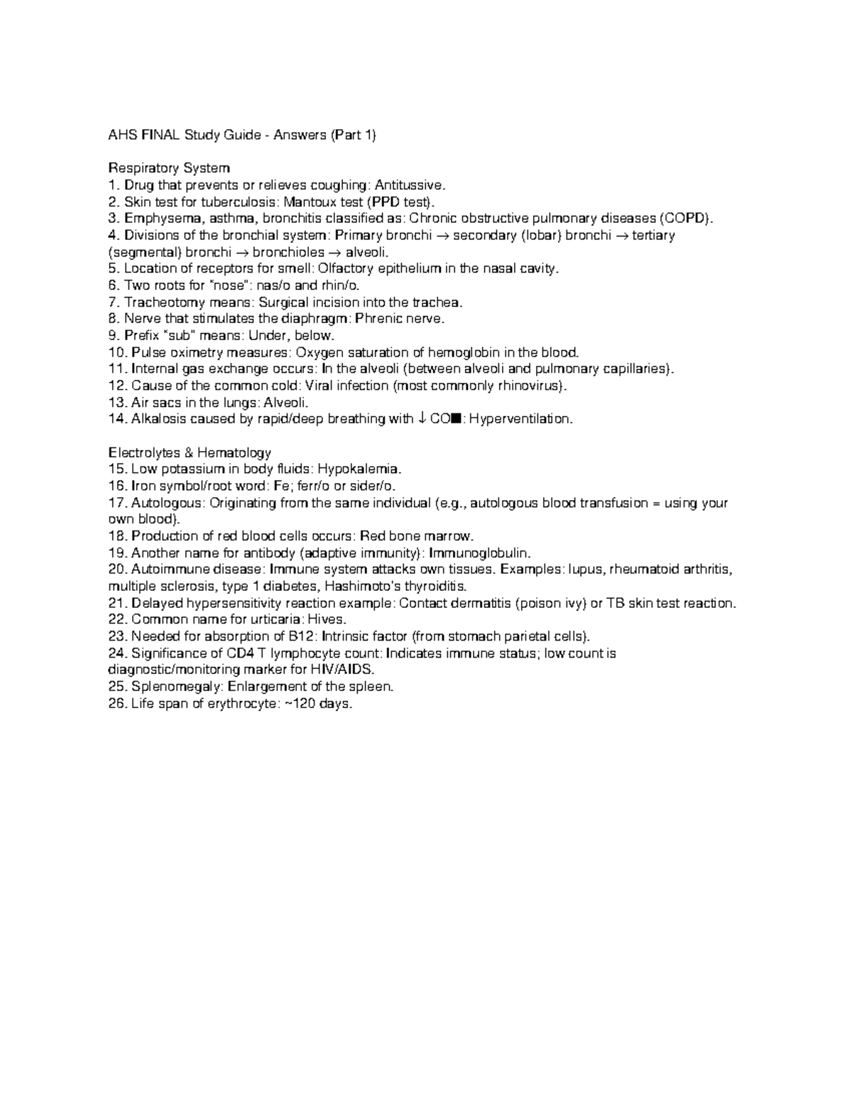 AHS FINAL Exam Study Guide - Respiratory & Hematology Insights - Studocu