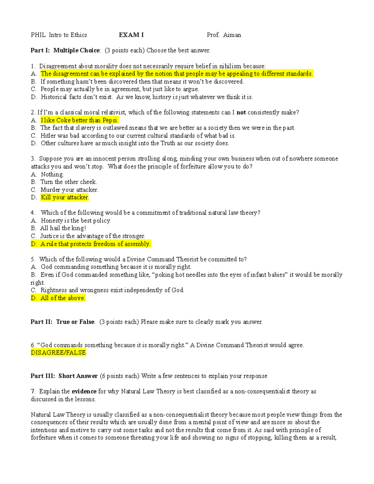 PHIL 101 Intro to Ethics: Exam I Review Notes and Questions - Studocu