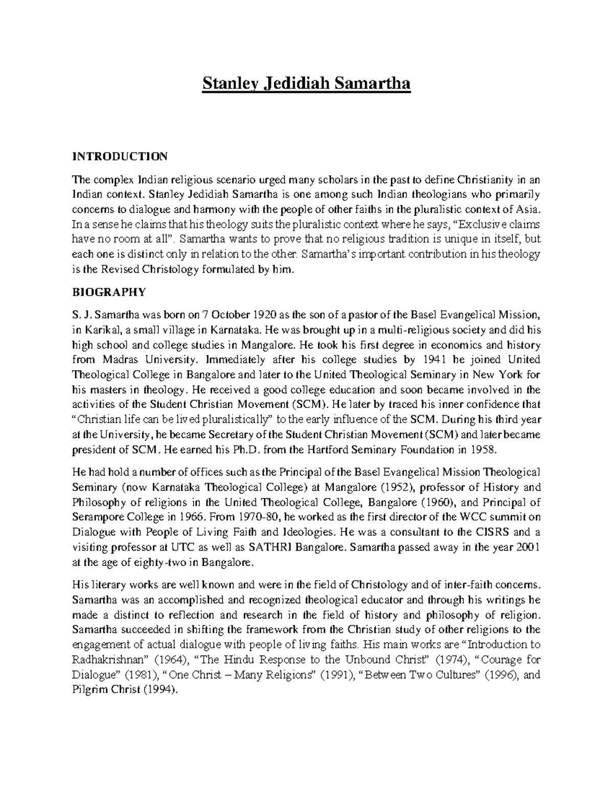 Stanley Samartha: Theologian of Interfaith Dialogue and Pluralism - Studocu