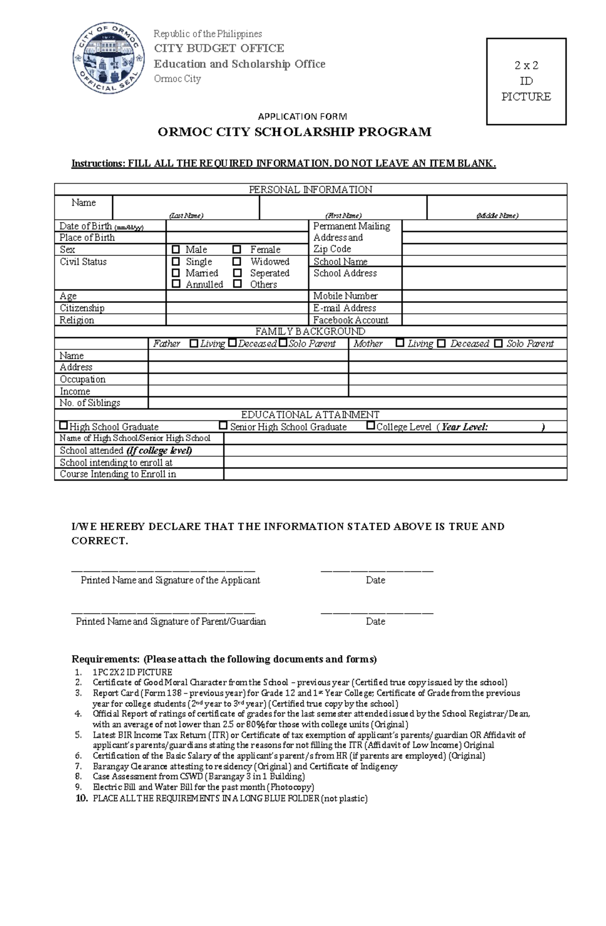 Ormoc City Scholarship Program Application Form 2025 - Studocu