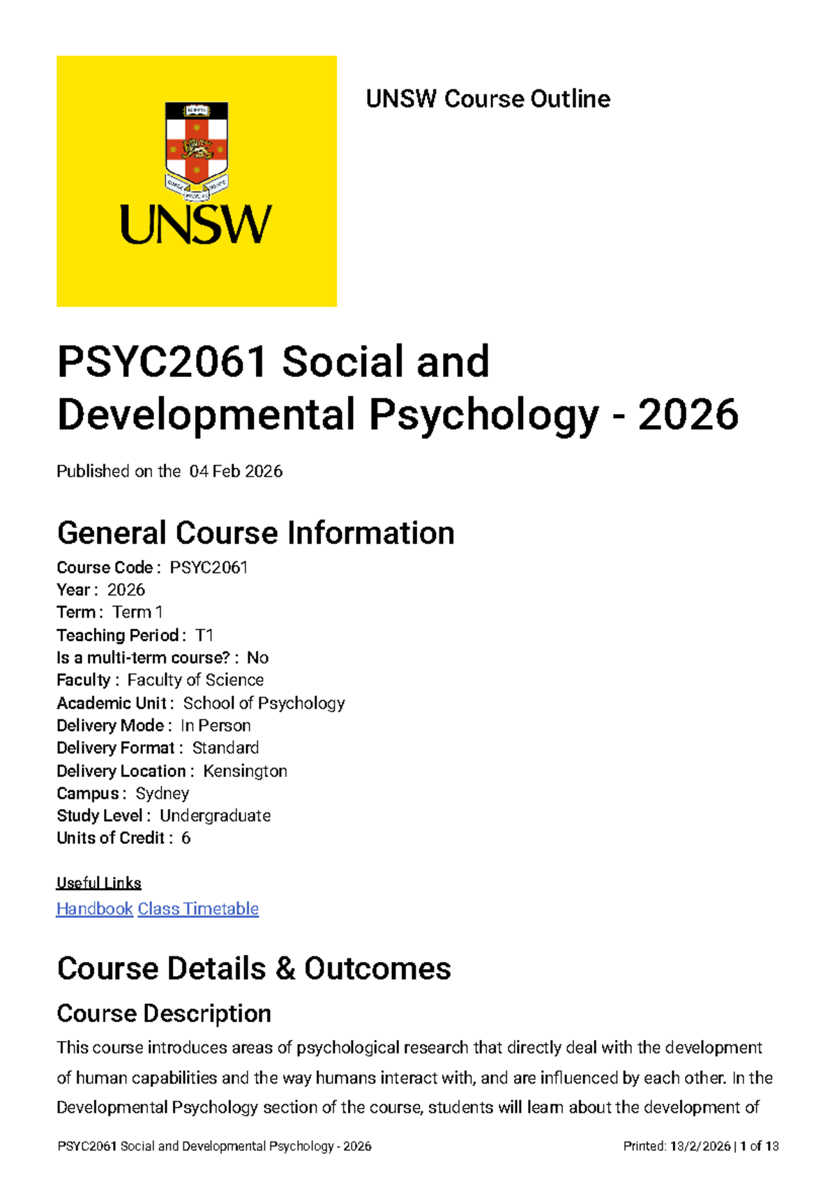 PSYC2061 Social and Developmental Psychology Course Outline 2026 - Studocu