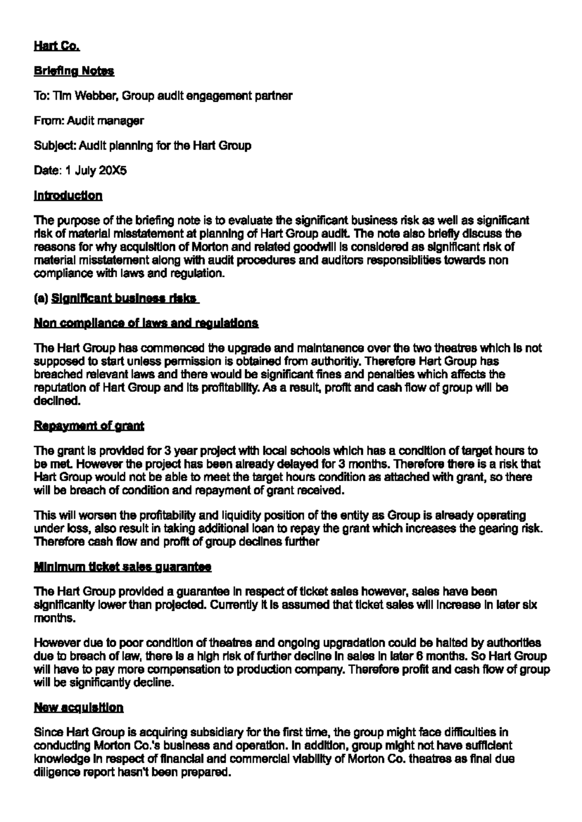 Hart Group Audit Planning Briefing Notes (Course Code: AUD101) - Studocu