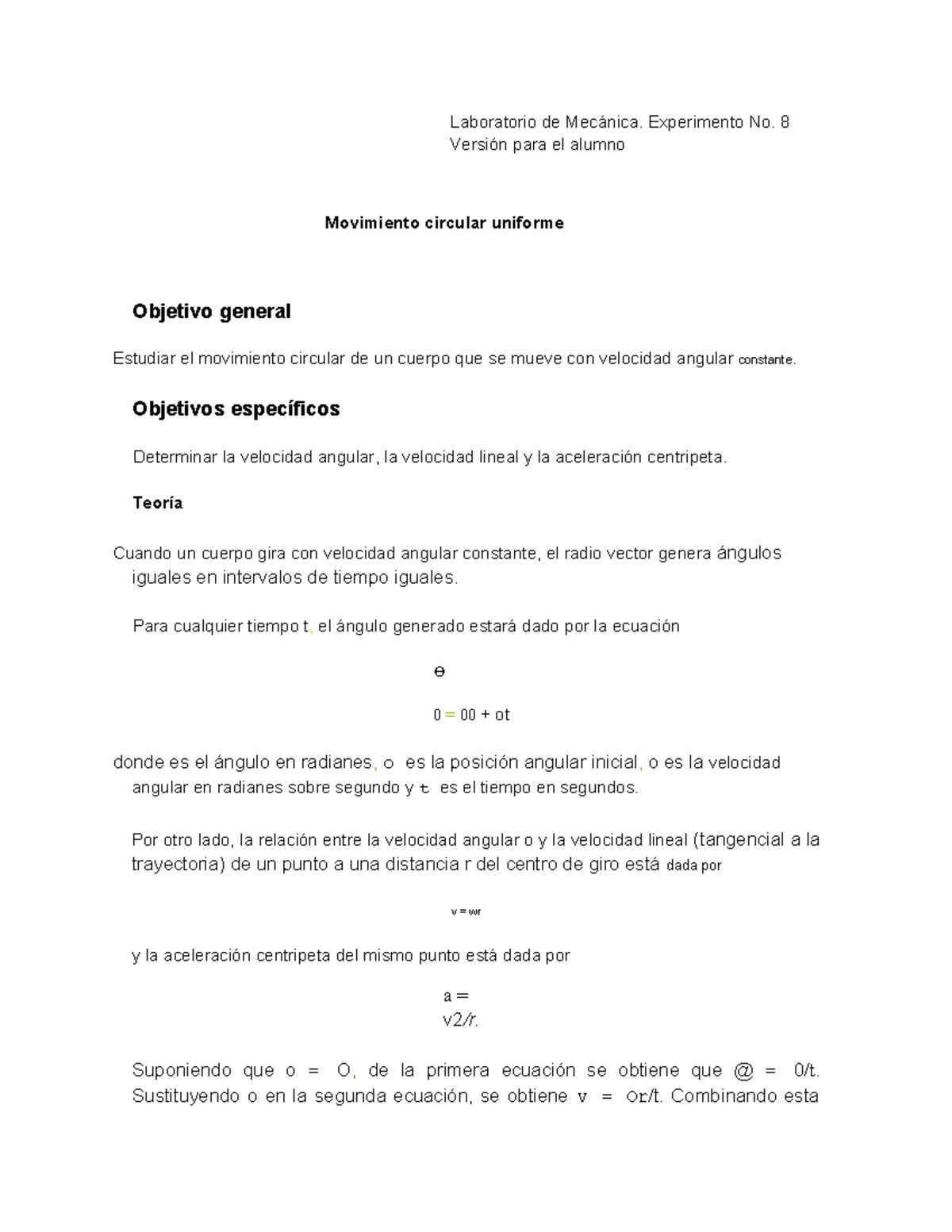 Mcu - reporte de mcu - Laboratorio de Mecánica. Experimento No. 8 ...