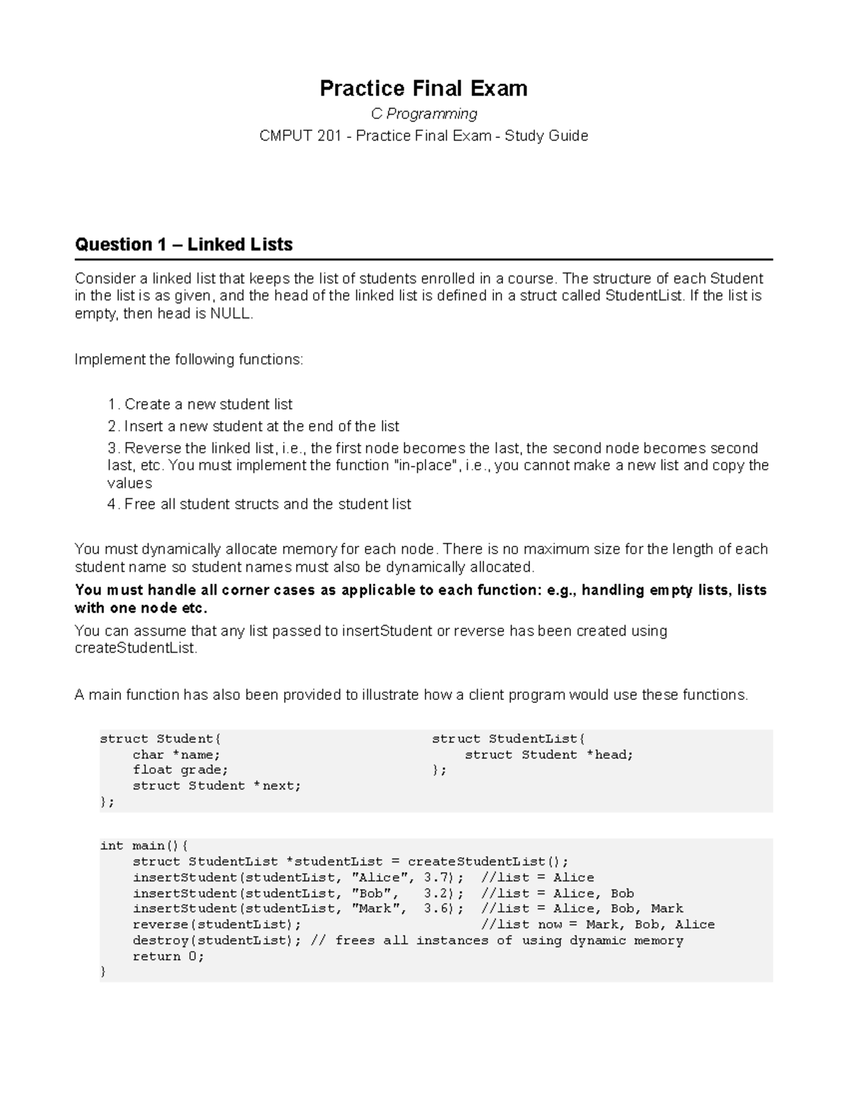 Practice Final Exam Study Guide for C Programming CMPUT 201 - Studocu