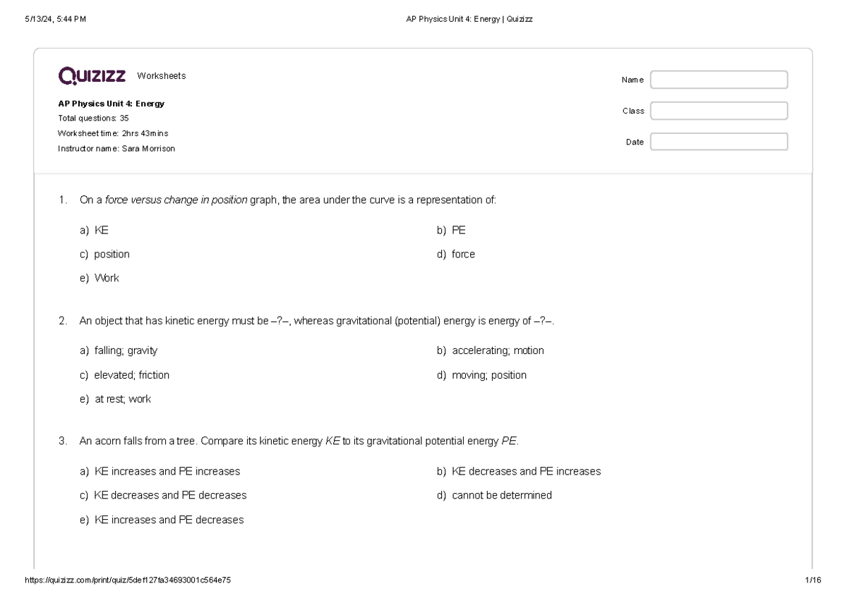 AP Physics 1 U4 Worksheet: Exploring Energy Concepts and Problems - Studocu