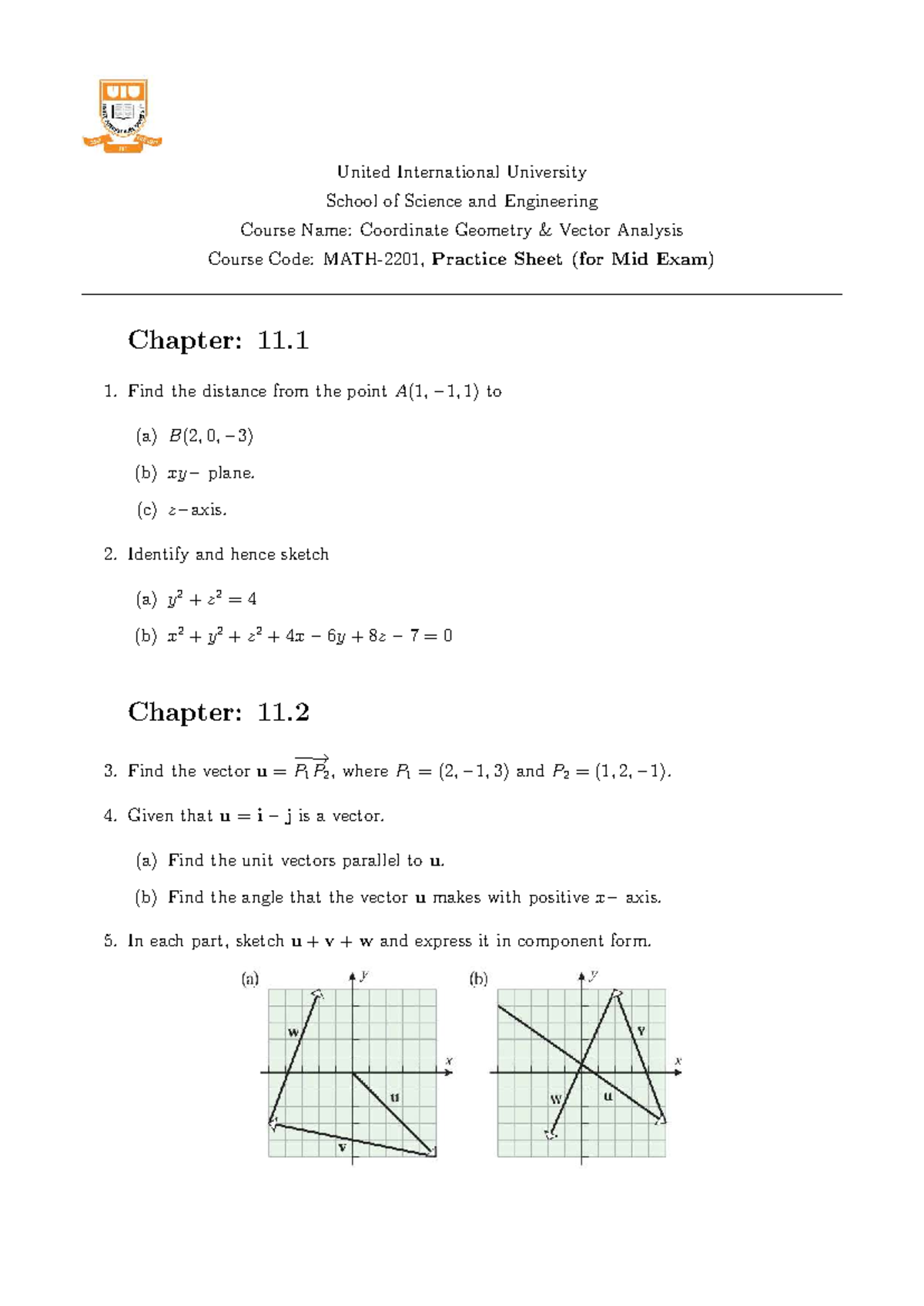 Midterm Practice Problems for MATH 2201: Coordinate Geometry & Vector ...