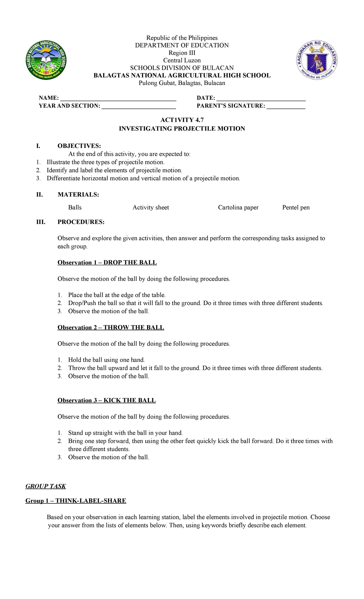 Investigating Projectile Motion Activity 4 - WDWEW - Studocu