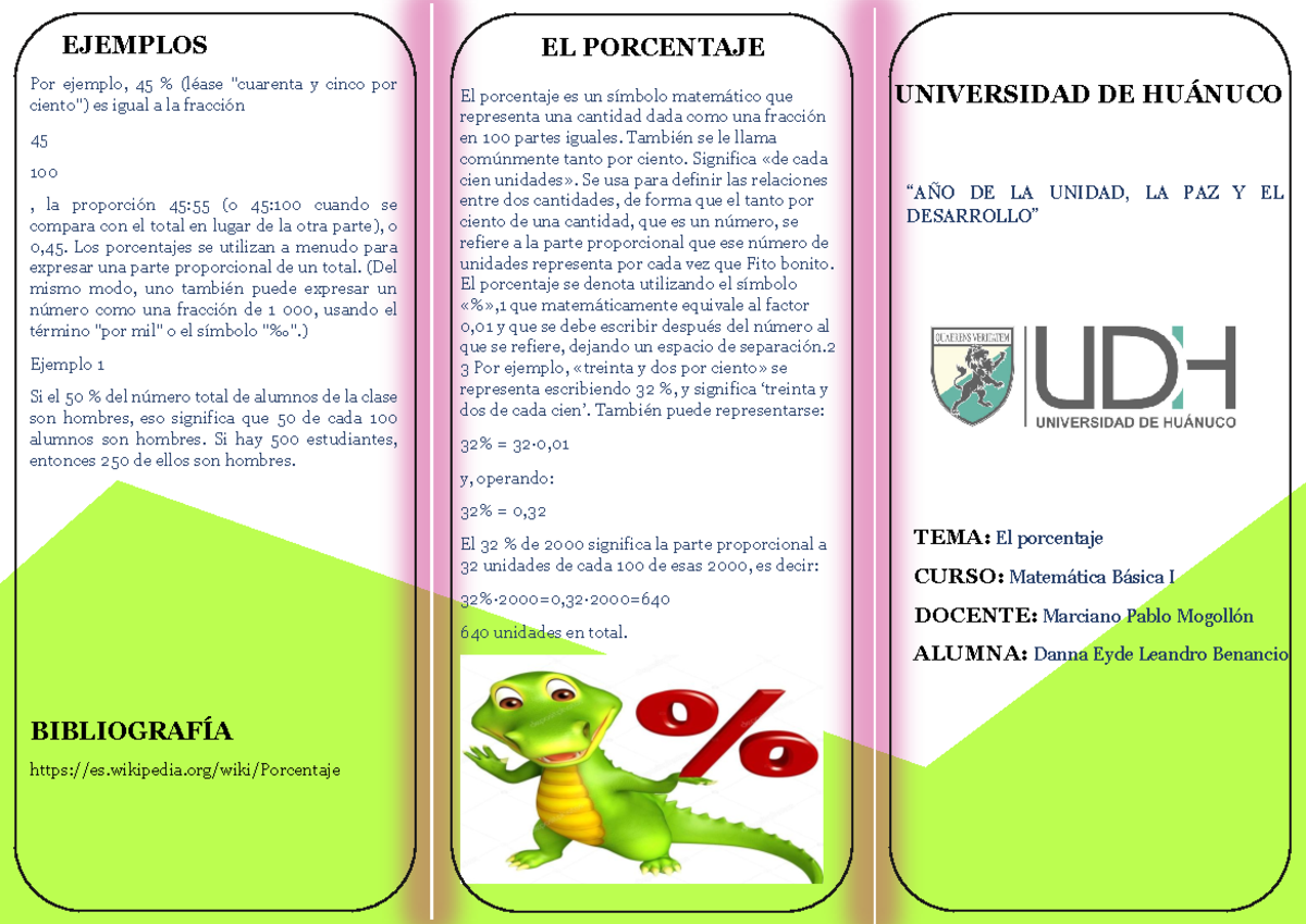 Porcentajes Triptico - tu puedes. - UNIVERSIDAD DE HU¡NUCO “AÑO DE LA UNIDAD, LA PAZ Y EL - Studocu