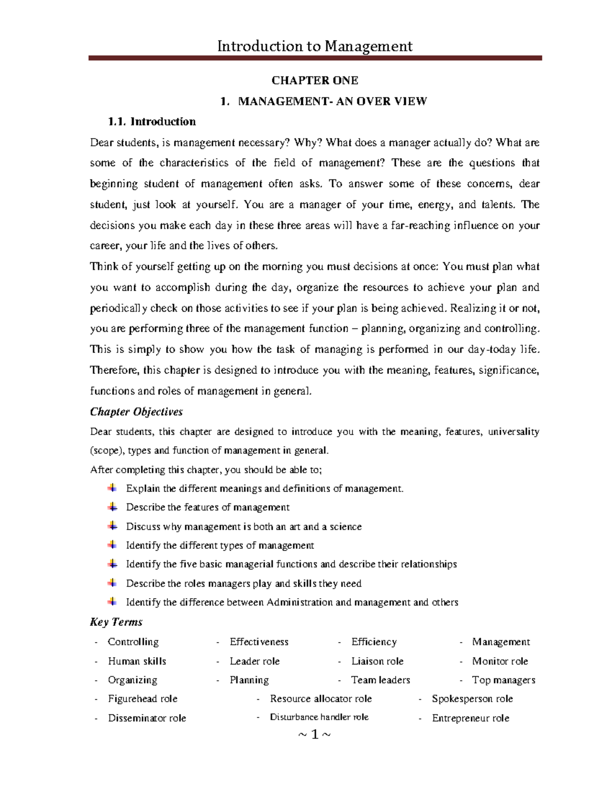 Introduction to Management CHAPTER ONE: Overview and Key Concepts - Studocu