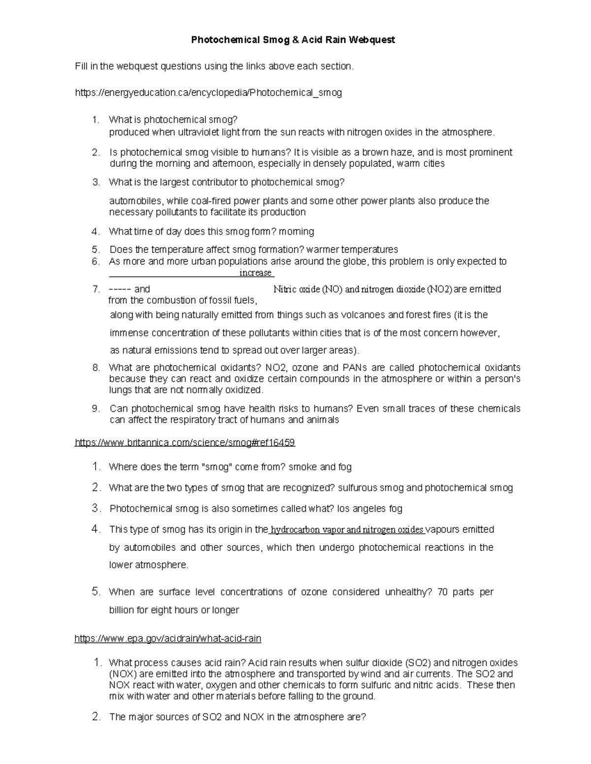 Smog and Acid Rain Webquest (2024-25) - Key Concepts and Effects - Studocu