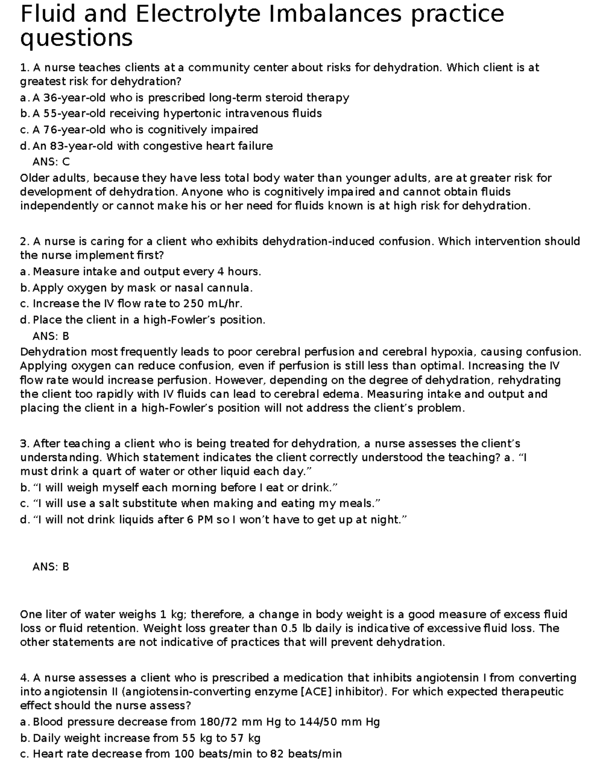 Fluid and Electrolyte Imbalances 2 - Which client is at greatest risk ...