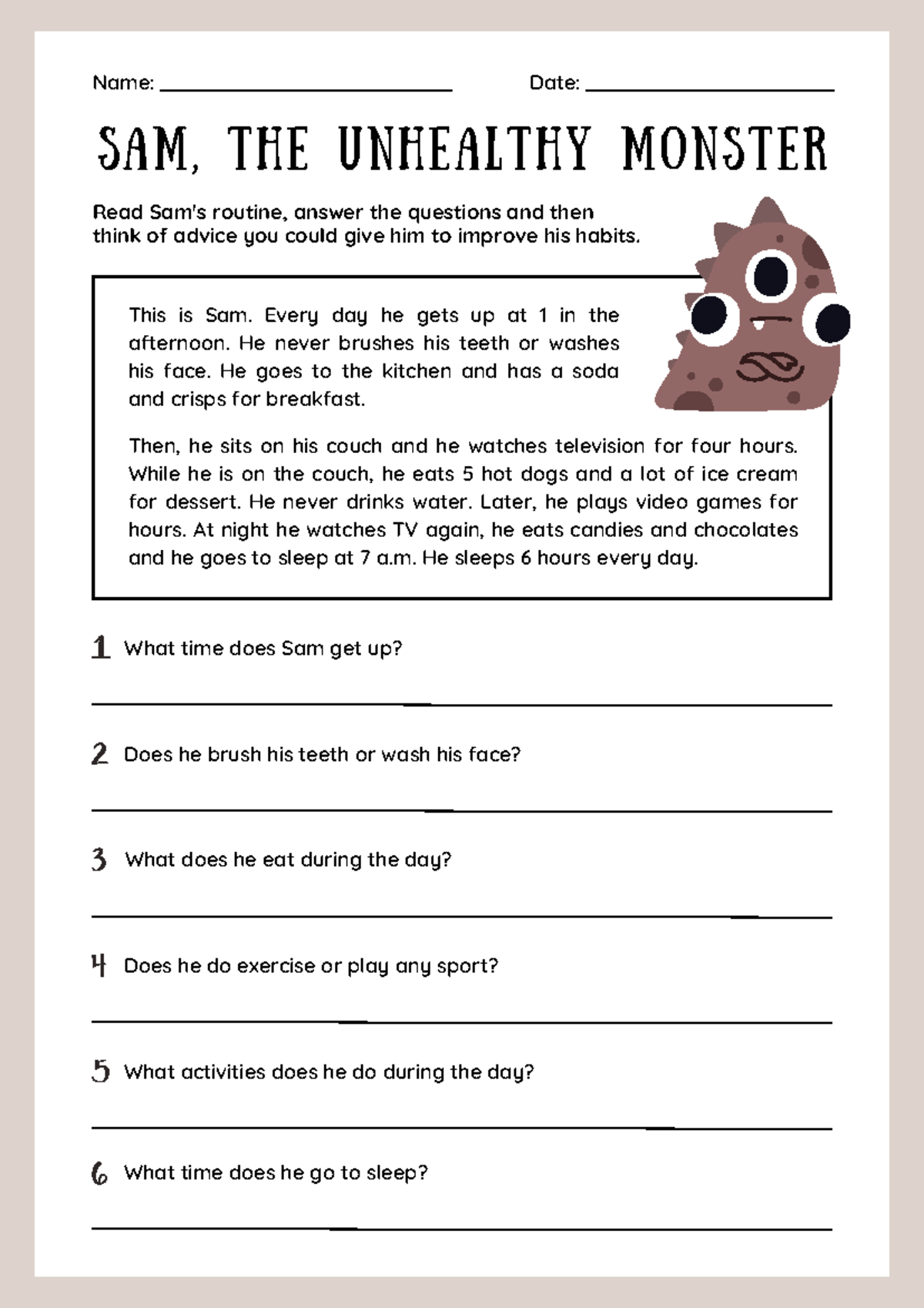 The Unhealthy Monster Reading Comprehension Worksheet In Brown Simple ...