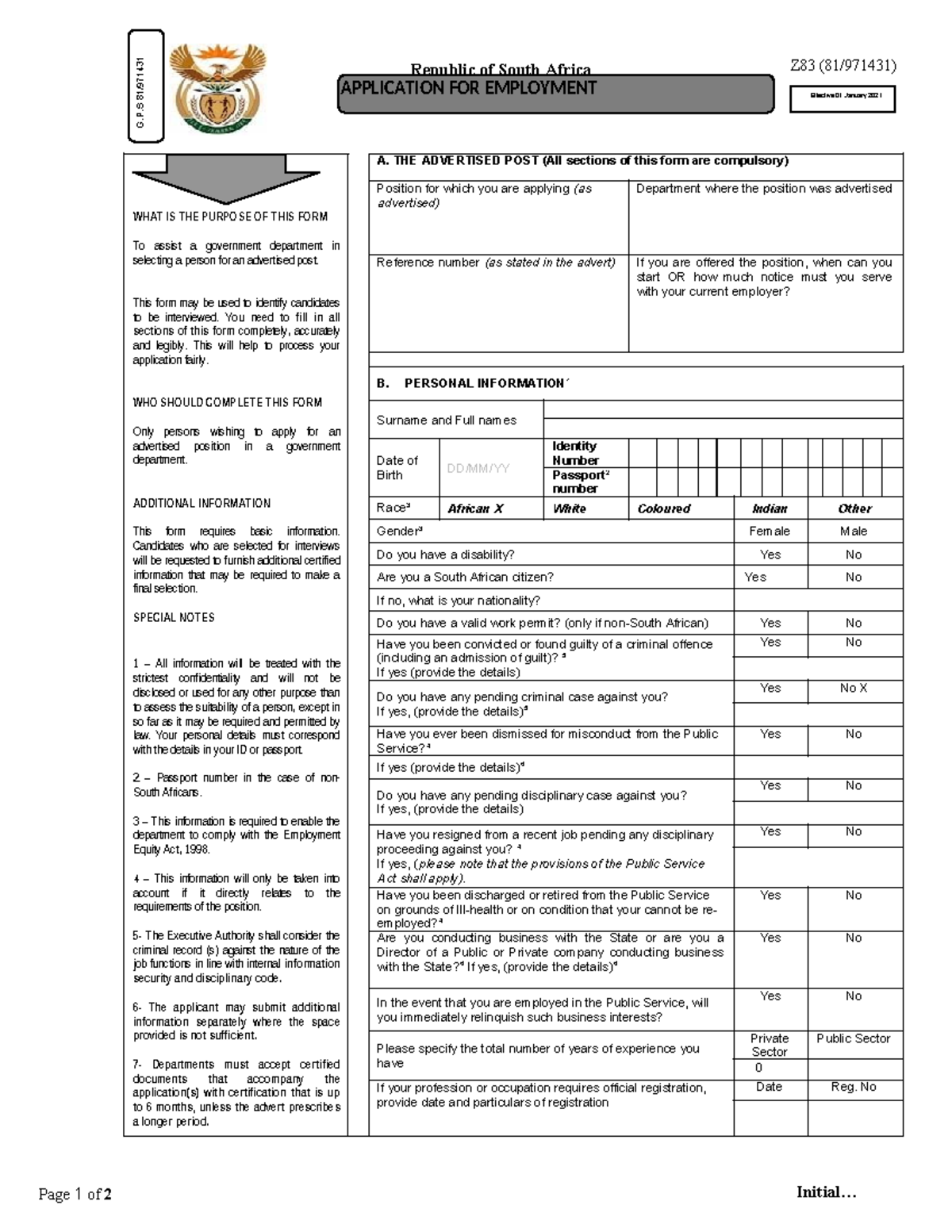 Z83 Application for Employment - Republic of South Africa Form - Studocu
