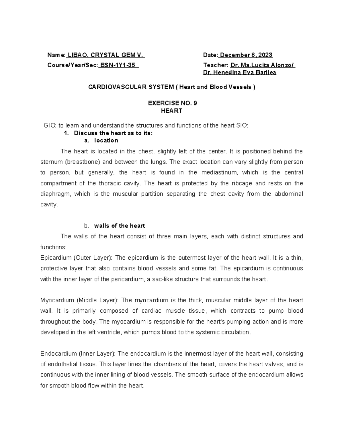 LAB Exercise CVS Heart Blood Vessels - Name: LIBAO, CRYSTAL GEM V. Date: December 8, 2023 - Studocu