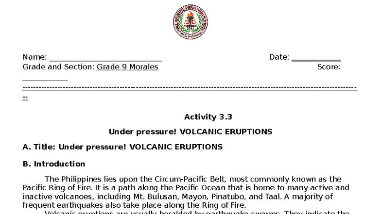 Grade 9 Earth Science Lab Activity: Volcanic Eruptions Exploration ...