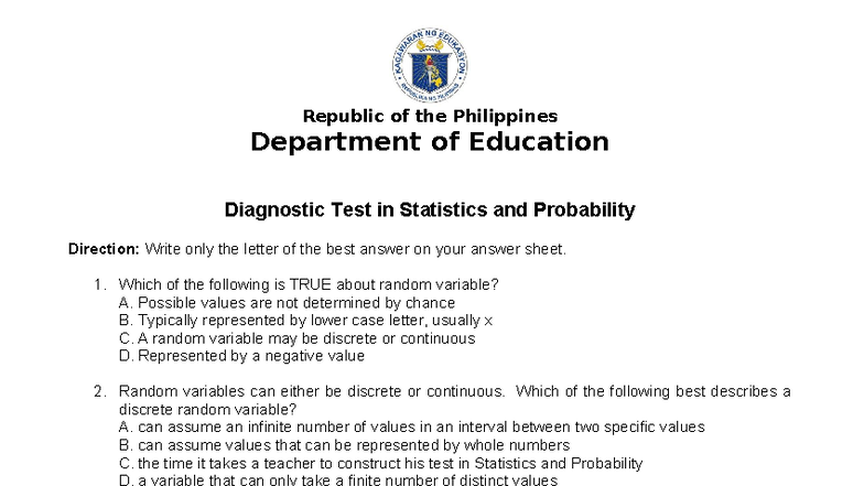 Diagnostic Test in Statistics and Probability 2526 - Studocu