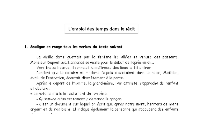 L'emploi des temps dans le récit - Analyse et exercices - Studocu