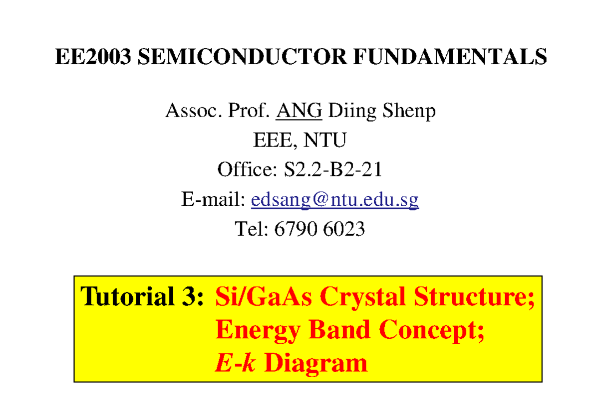 EE2003 T3 Sample+Solutions - EE2003 SEMICONDUCTOR FUNDAMENTALS Assoc ...