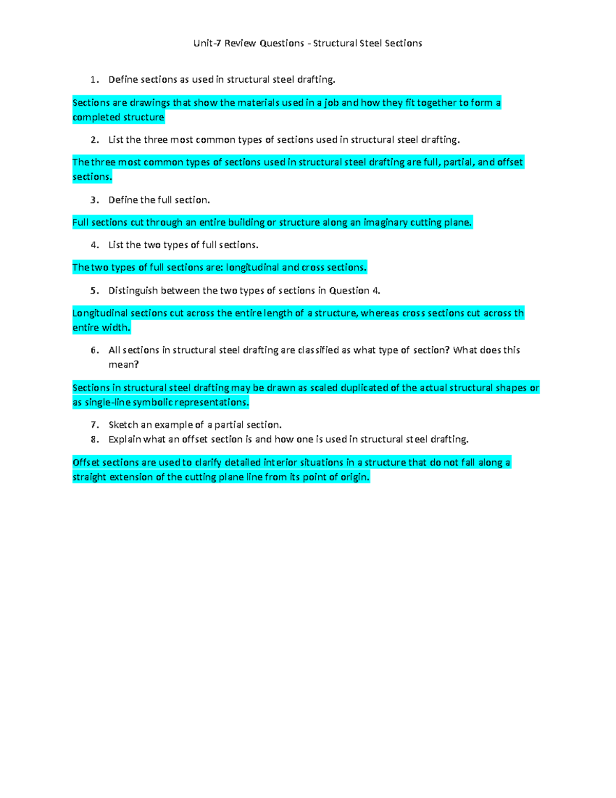 ARTC 5 - Review - Unit-7 Review Questions - Structural Steel Sections Define sections as used in ...