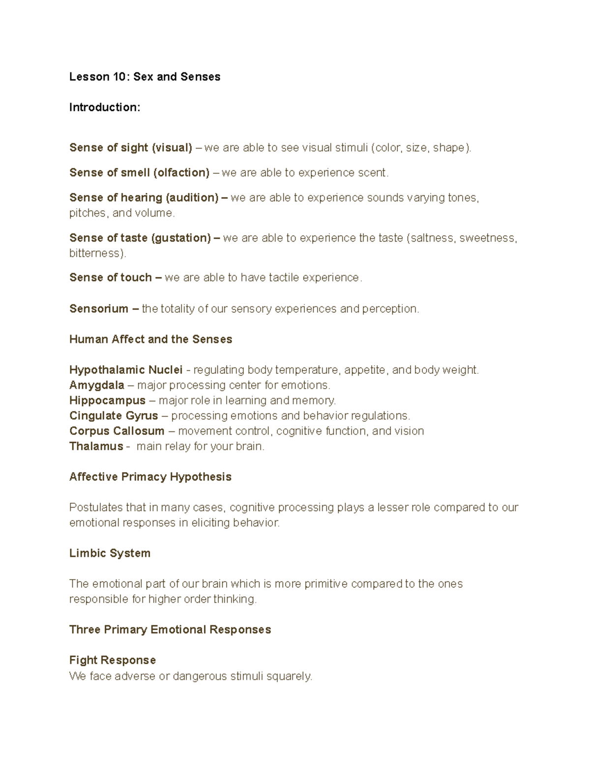 Lesson 10 Sex and Senses - Lesson 10: Sex and Senses Introduction: Sense of sight (visual) – we ...