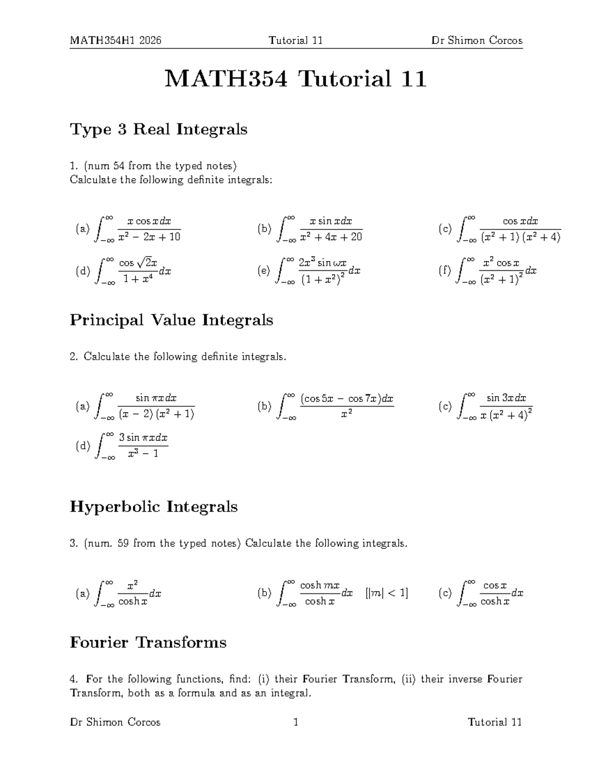 MATH354H1 2026 Tutorial 11: Real & Hyperbolic Integrals - Studocu