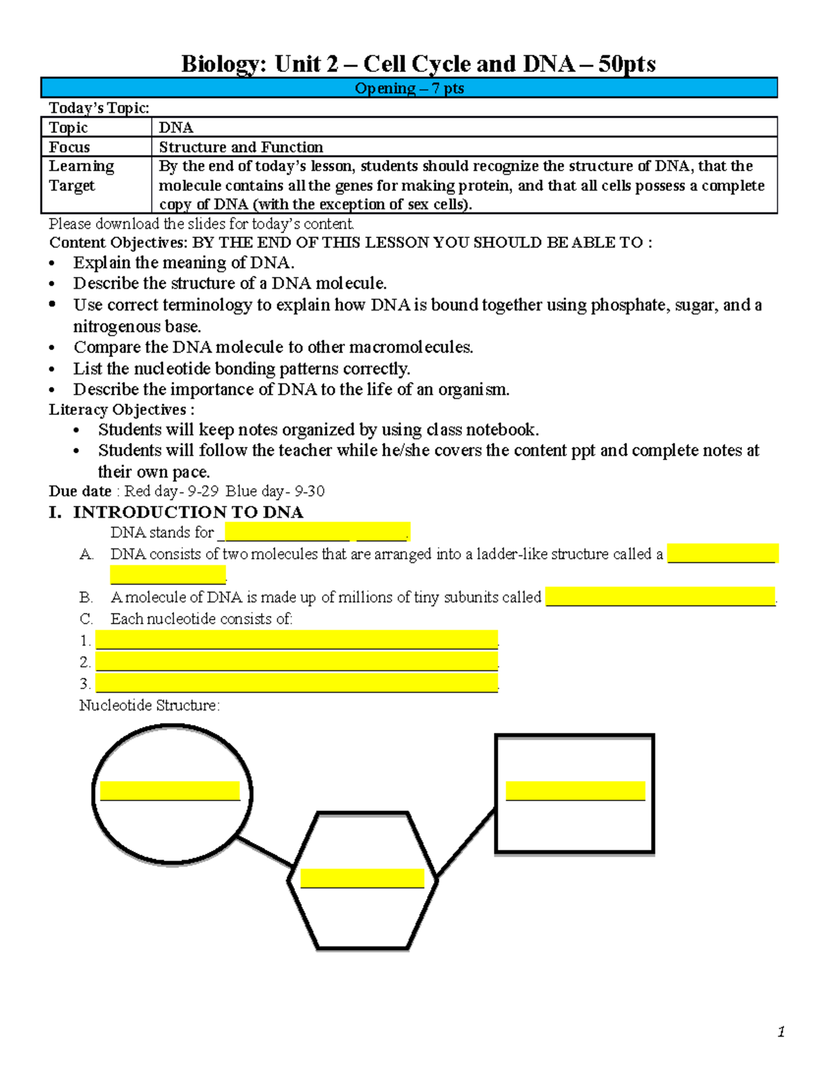 Biology 101: DNA Structure and Function Guided Notes - Studocu