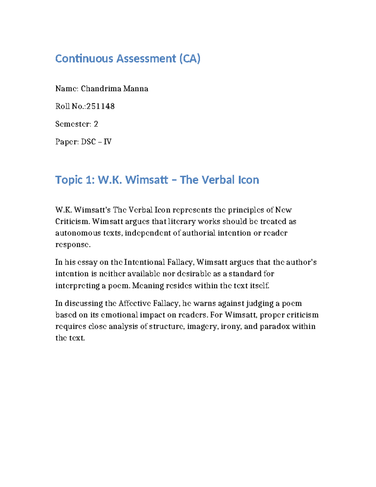 DSC IV Continuous Assessment 1: W.K. Wimsatt's The Verbal Icon - Studocu