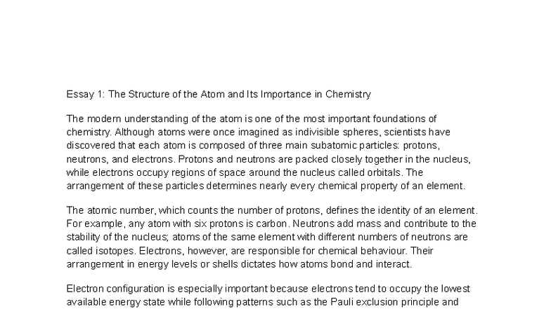 Essay 1: Understanding Atomic Structure and Its Role in Chemistry - Studocu