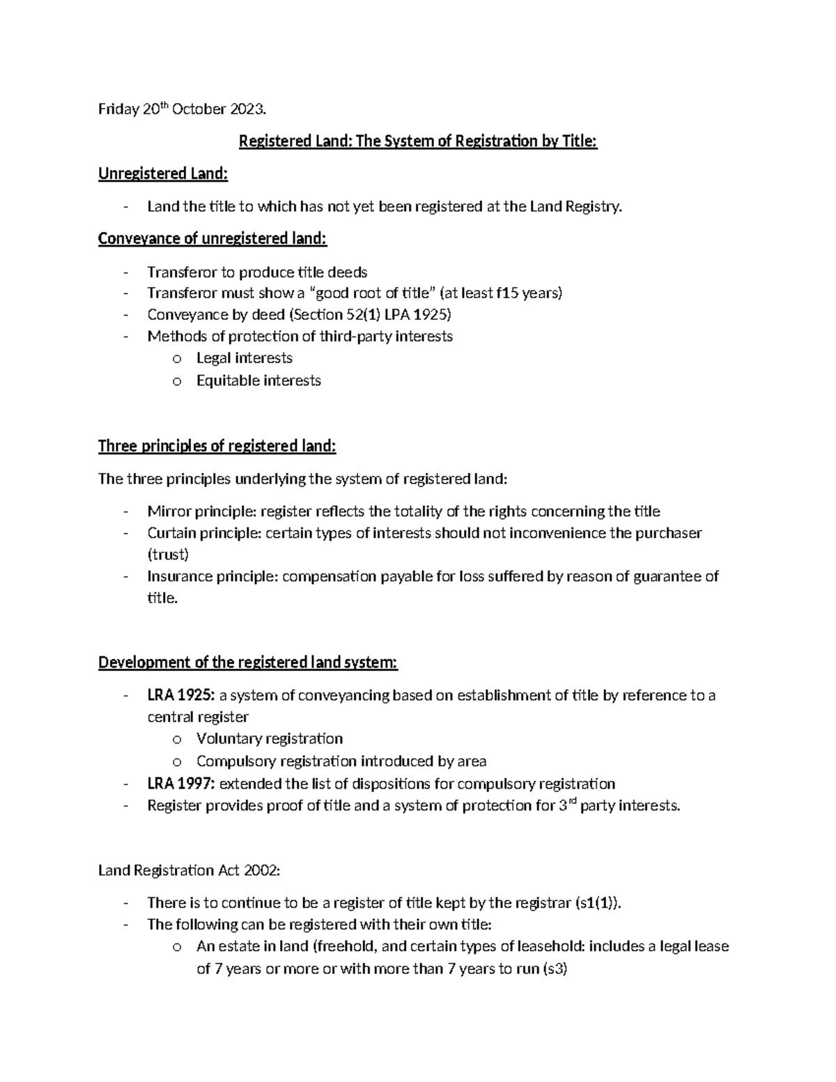Registered Land and the Registration by Title System Overview - Studocu