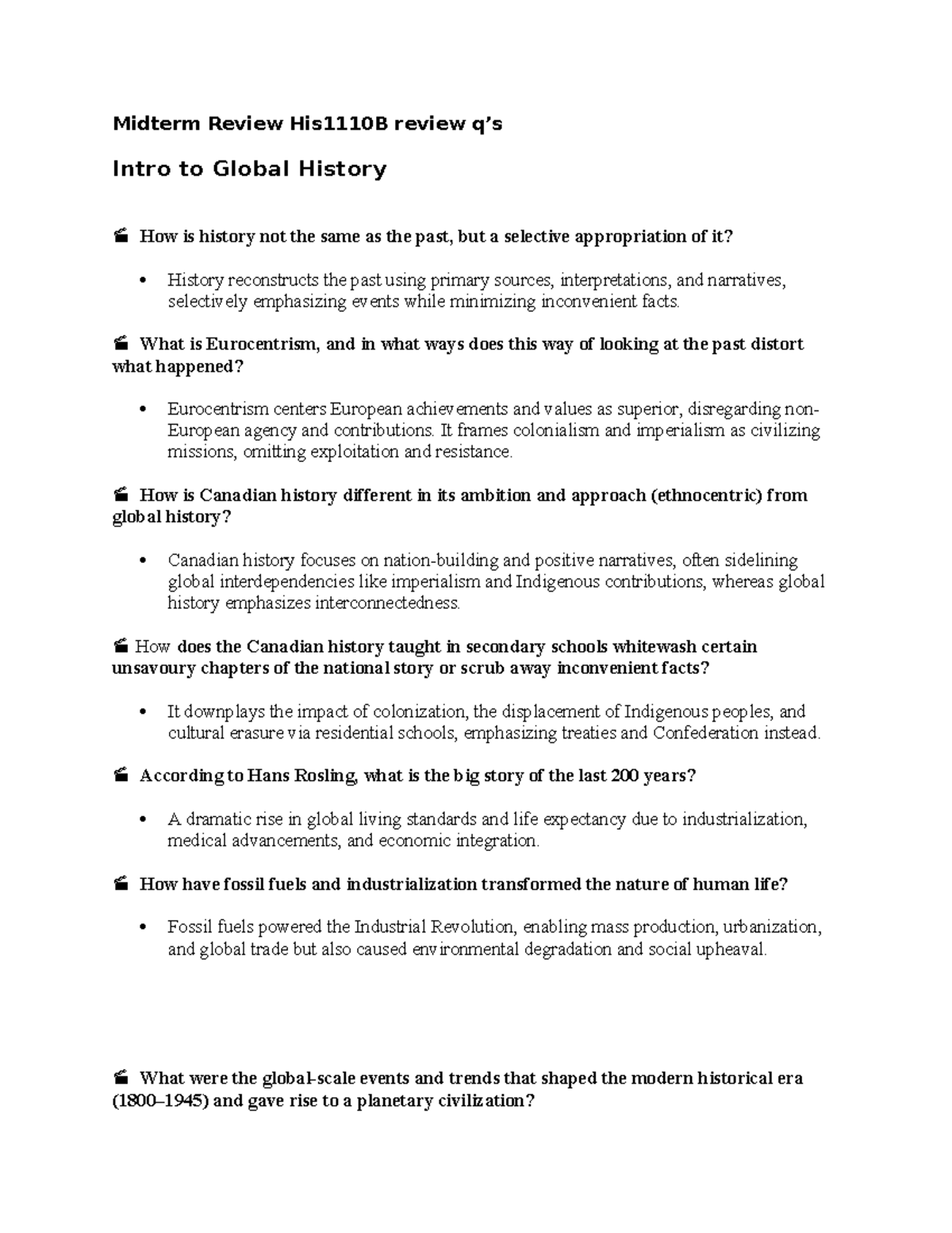 Midterm Review: HIS1110B - Key Themes in Global History - Studocu