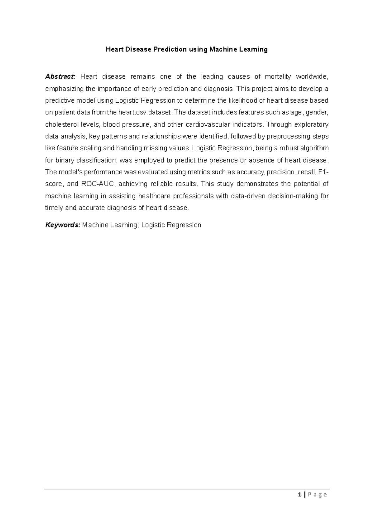 Heart Disease Prediction Using Logistic Regression: A Project Report ...