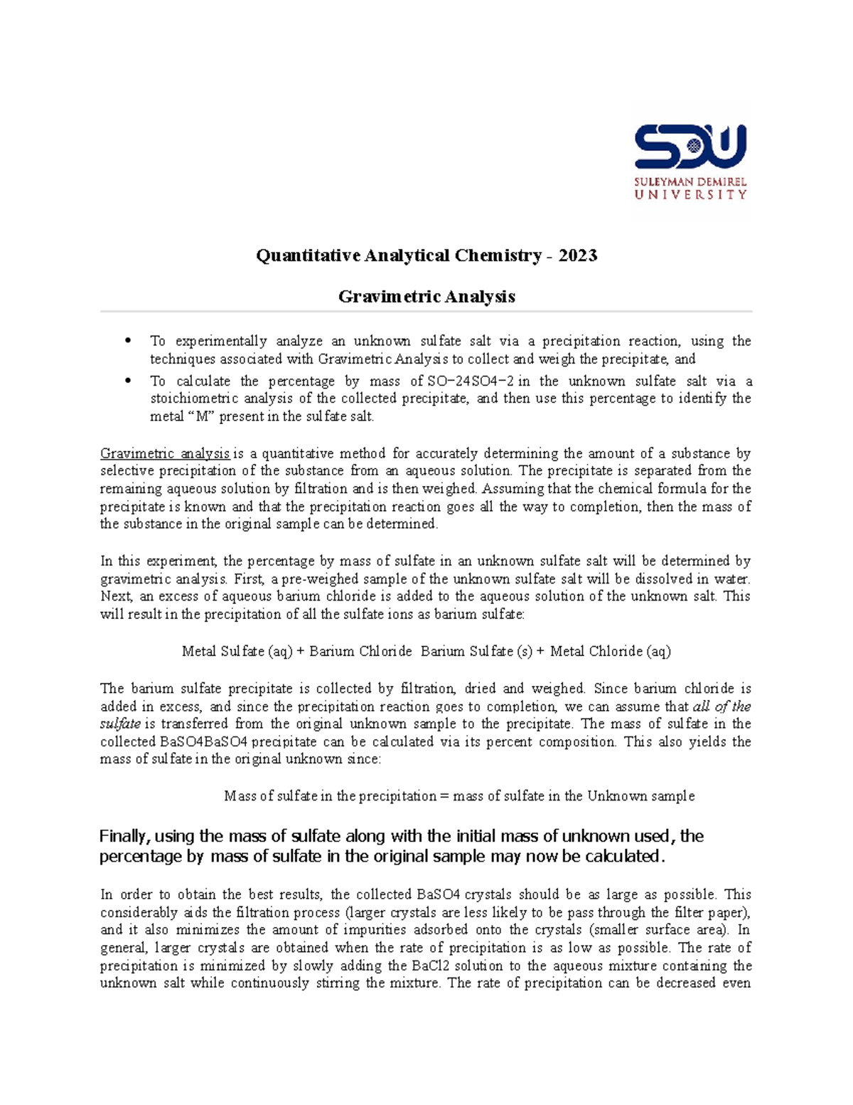 Gravimetric Analysis Lab Report - Quantitative Analytical Chemistry 2023 - Studocu