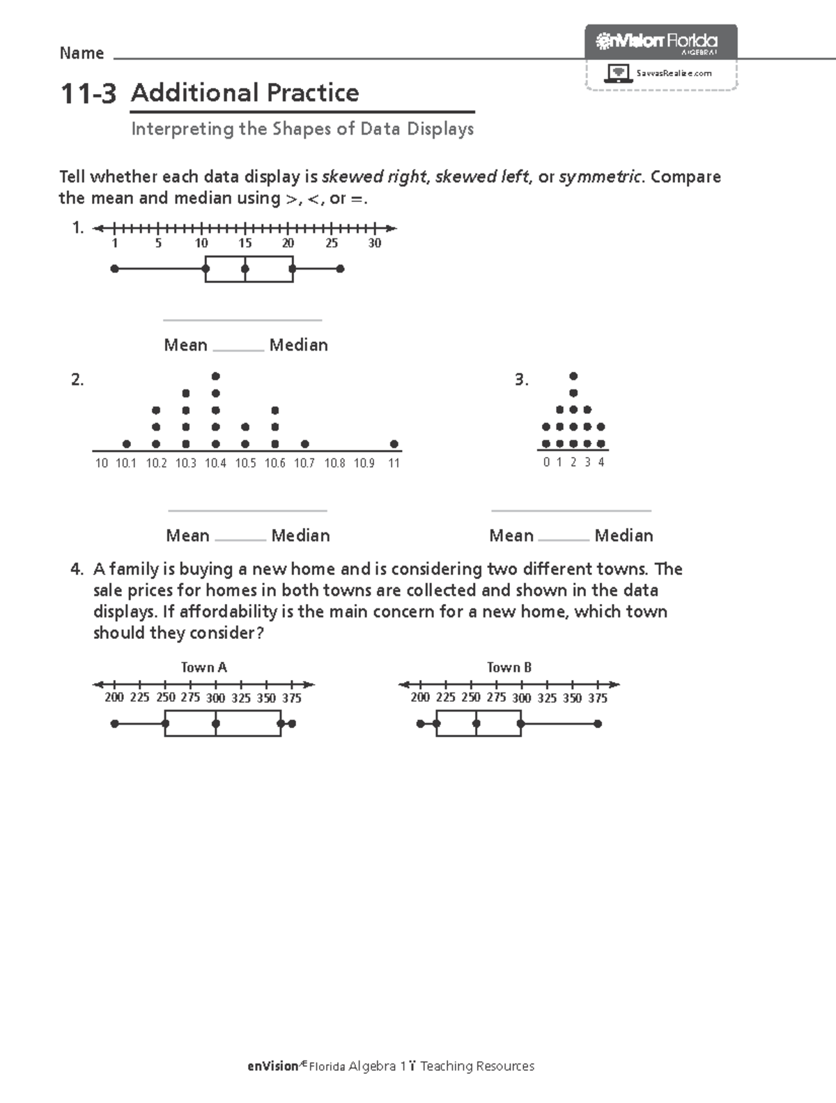 Interpreting Shapes of Data Displays WS - Name SavvasRealize ALGEBRA 1 ...