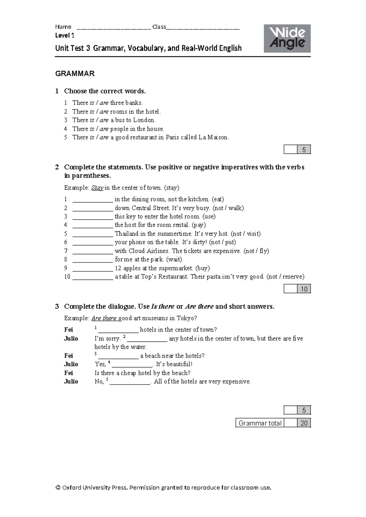 WA 01 Unit Test 03 - A1 Level Grammar, Vocabulary, Listening & Speaking ...