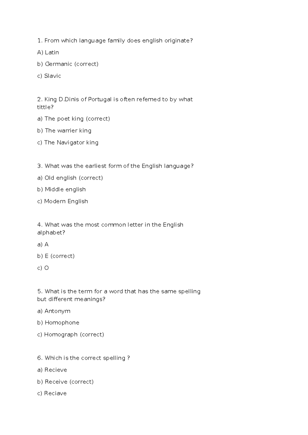 English - Quiz on Language Origins and Grammar Concepts - Studocu