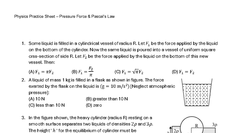 Physics Practice Sheet: Fluid Statics - Pressure & Pascal's Law - Studocu