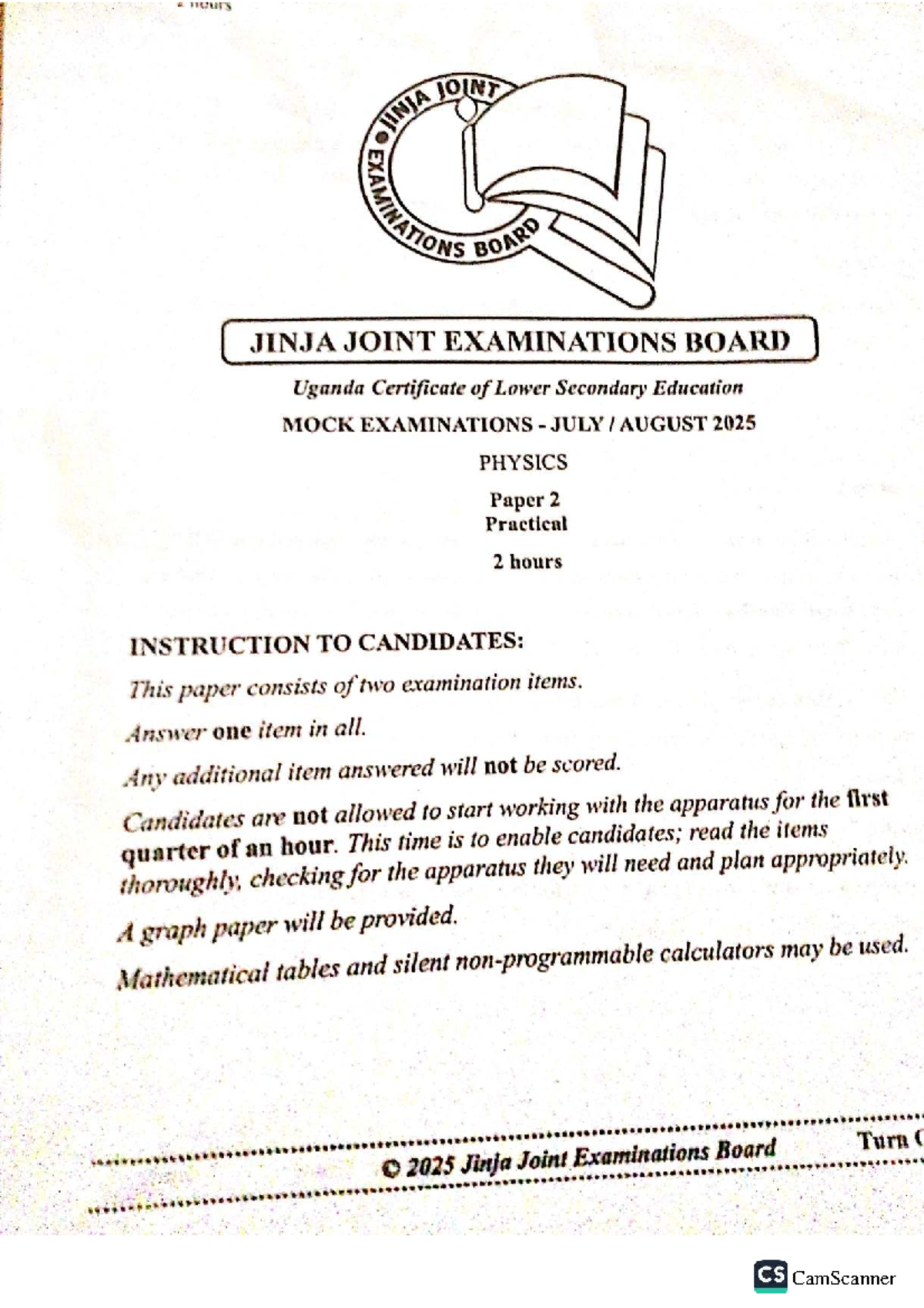 Physics Mock Exam 2025 - Jinja Joint Board Paper 2 - Studocu