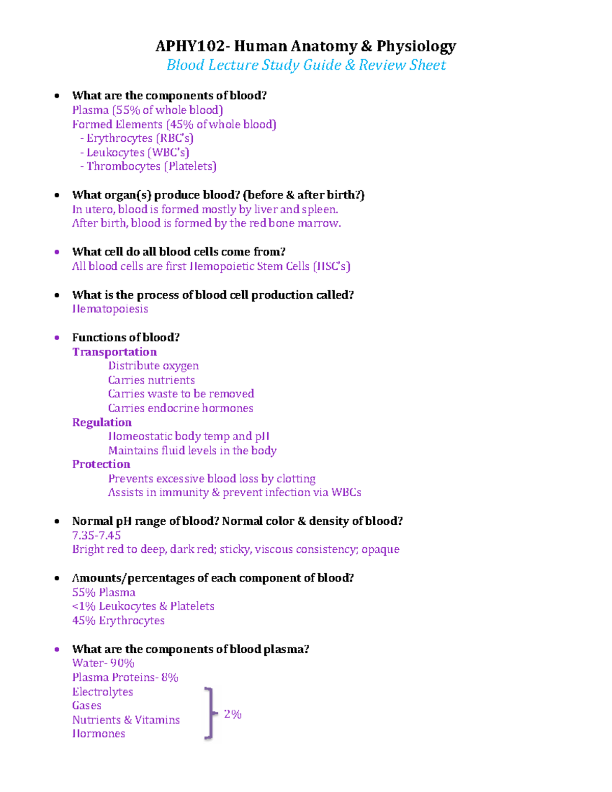 APHY102 - Blood Lecture Study Guide & Review Sheet - Studocu