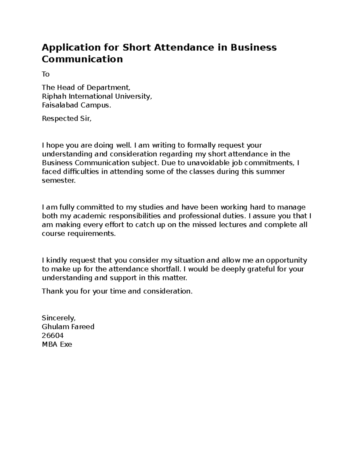 Application for Short Attendance in Business Communication ...