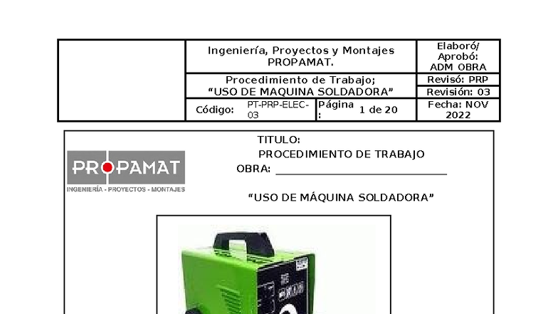 Procedimiento de Trabajo Seguro: Uso de Máquina Soldadora PROPAMAT ...
