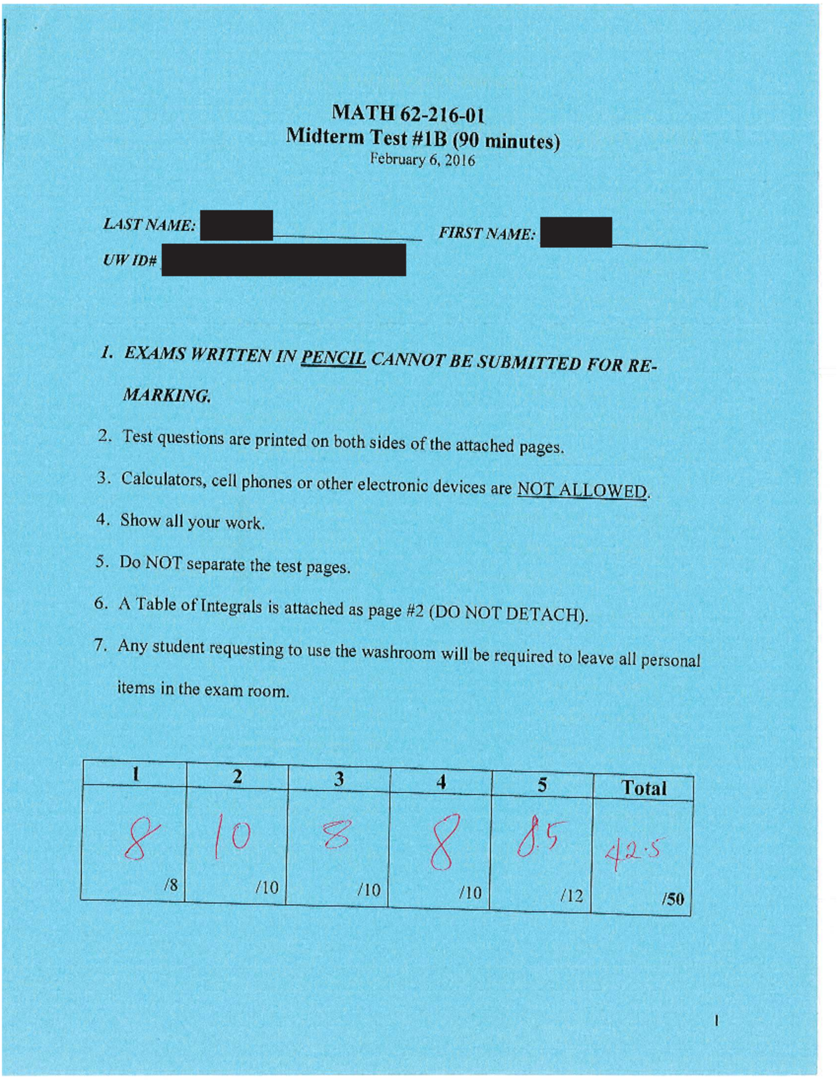 MATH 62-216 Midterm Exam Instructions and Integral Table (2016) - Studocu