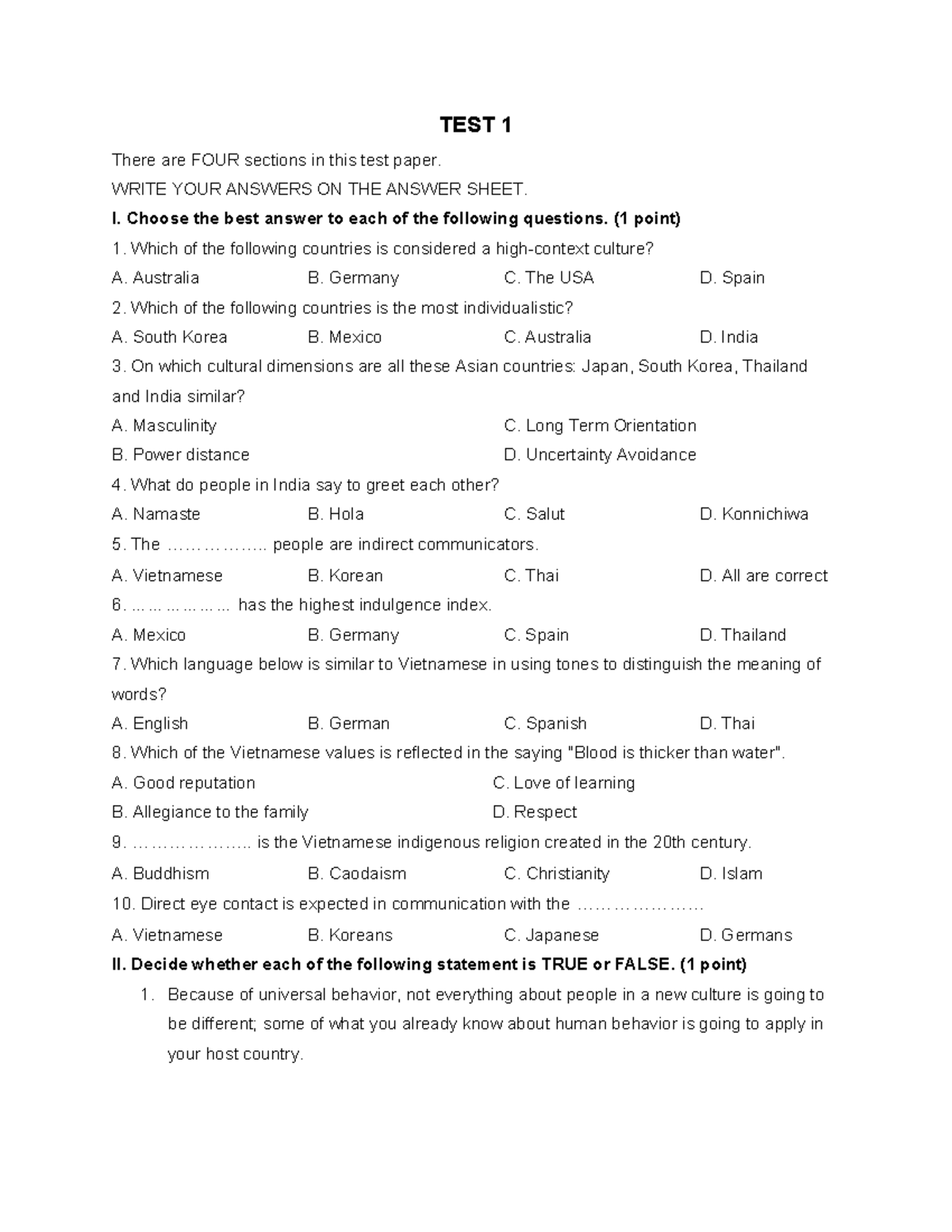 Cultural Awareness Test 1 & 2: Understanding Communication Styles - Studocu