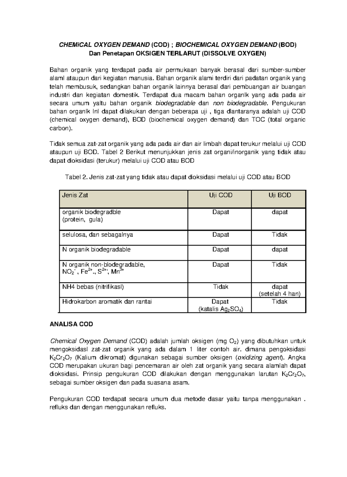 Pengujian COD dan BOD pada Air Limbah: Metode dan Analisis - Studocu